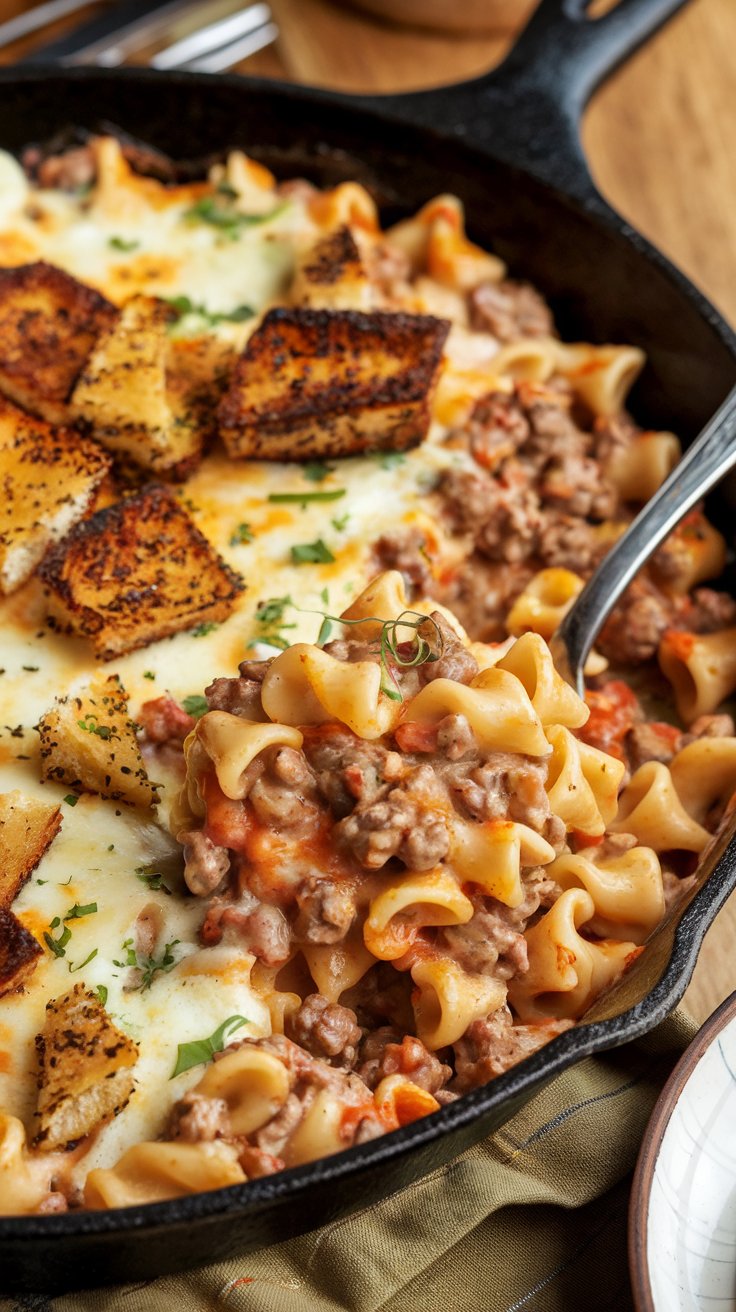 Homemade Hamburger Helper with Garlic Bread Crust - dinnerendeavor.com